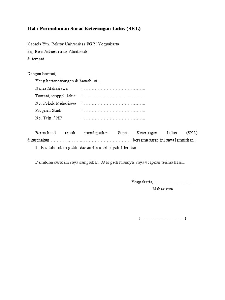 Form - Permohonan Surat Keterangan Lulus (SKL) | PDF