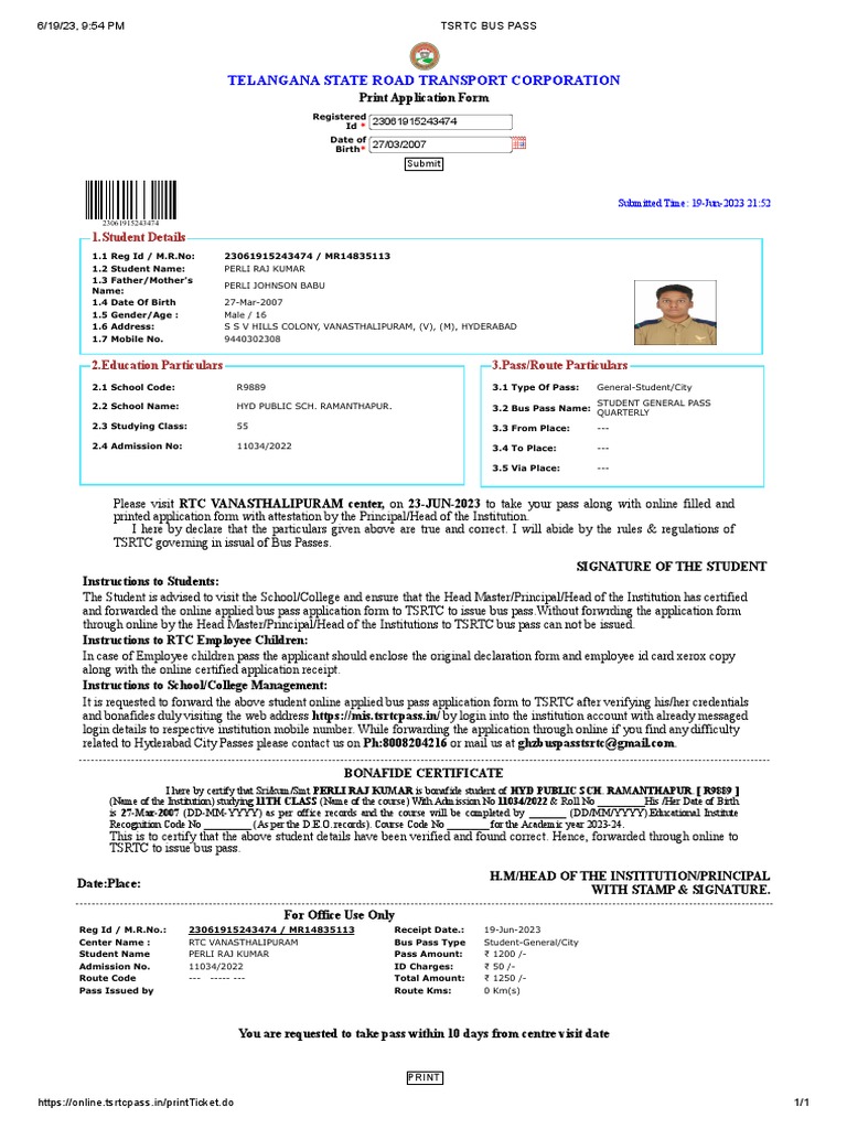 TSRTC Bus Pass | PDF