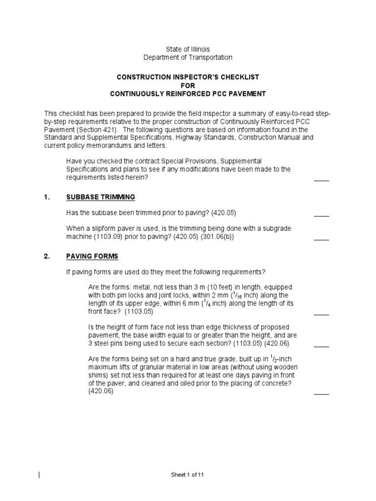 Illinois PCC Pavement Inspector Checklist | PDF | Road Surface | Concrete