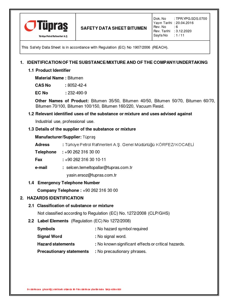 Safety Data Sheet Bitumen | PDF | Dangerous Goods | Toxicity