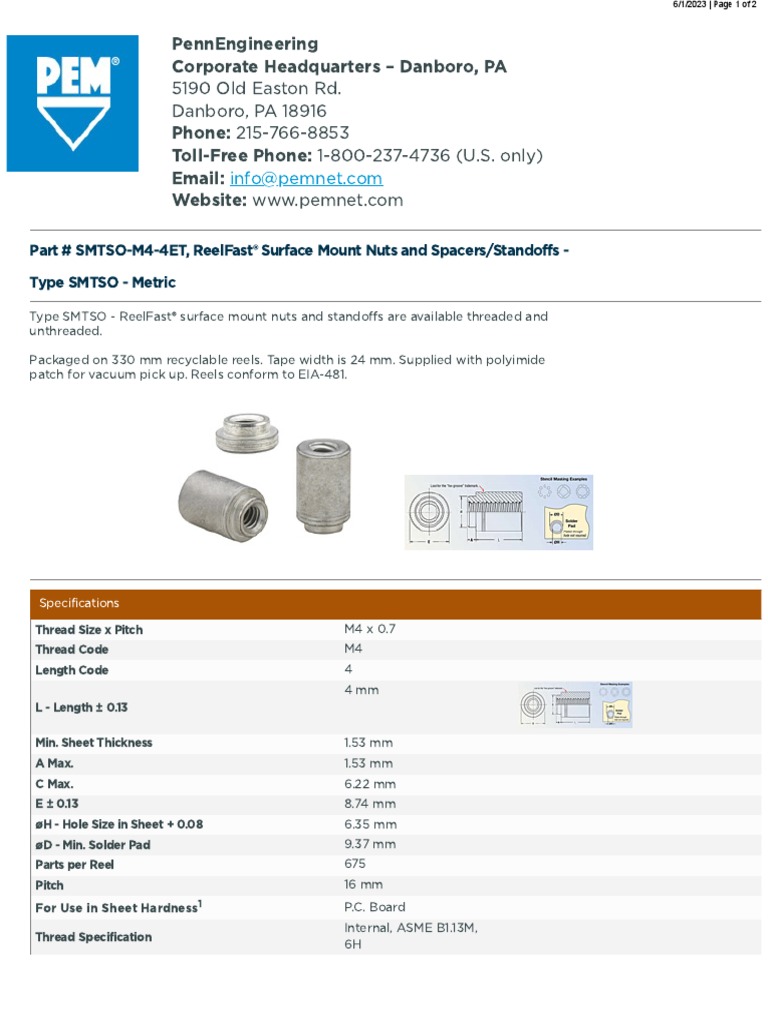 SMTSO M4 4ET ReelFast®SurfaceMountNutsandSpacersStandoffs brTypeSMTSO ...