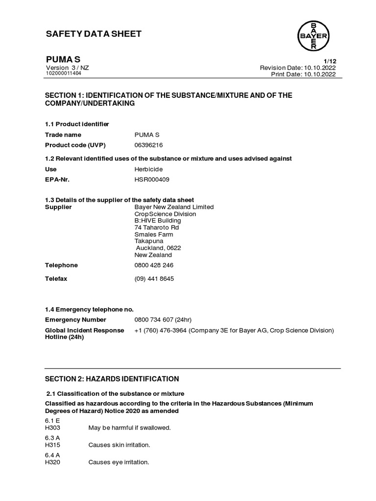 Puma S (Bayer) SDS | PDF | Toxicity | Dangerous Goods