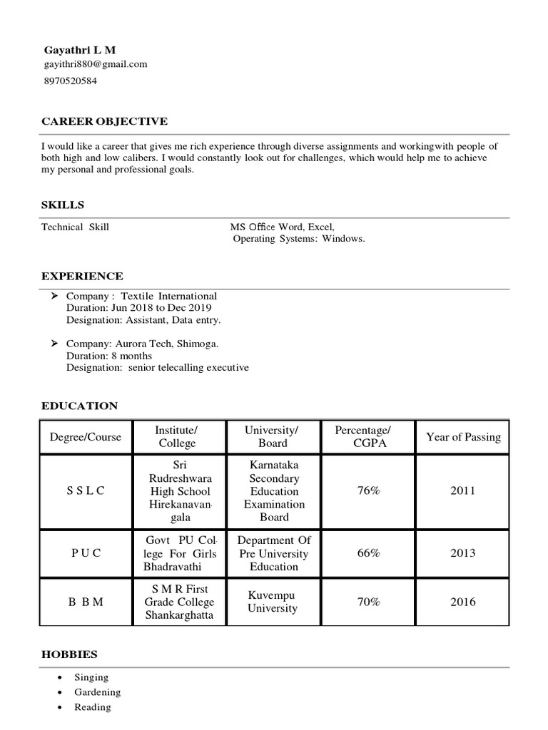 Gayathri L M Resume Format | PDF