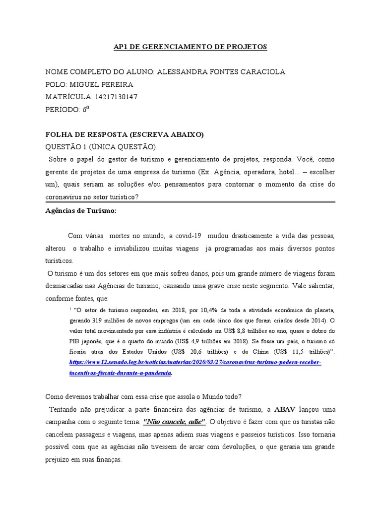 Folha de Resposta AP1 Projetos | PDF | Turismo | Agência de viagens