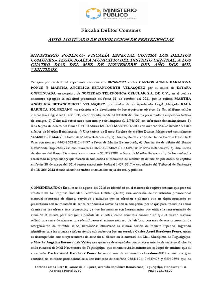 Auto Devolucion de Pertenencias Exp.18-266-2022 | PDF | Tarjeta de ...