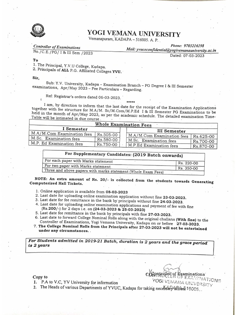 PG I and III Semester Fee Notification | PDF
