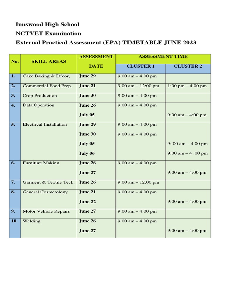 NCTVET EPA Timetable June 2023 | PDF | Home & Garden | Science ...
