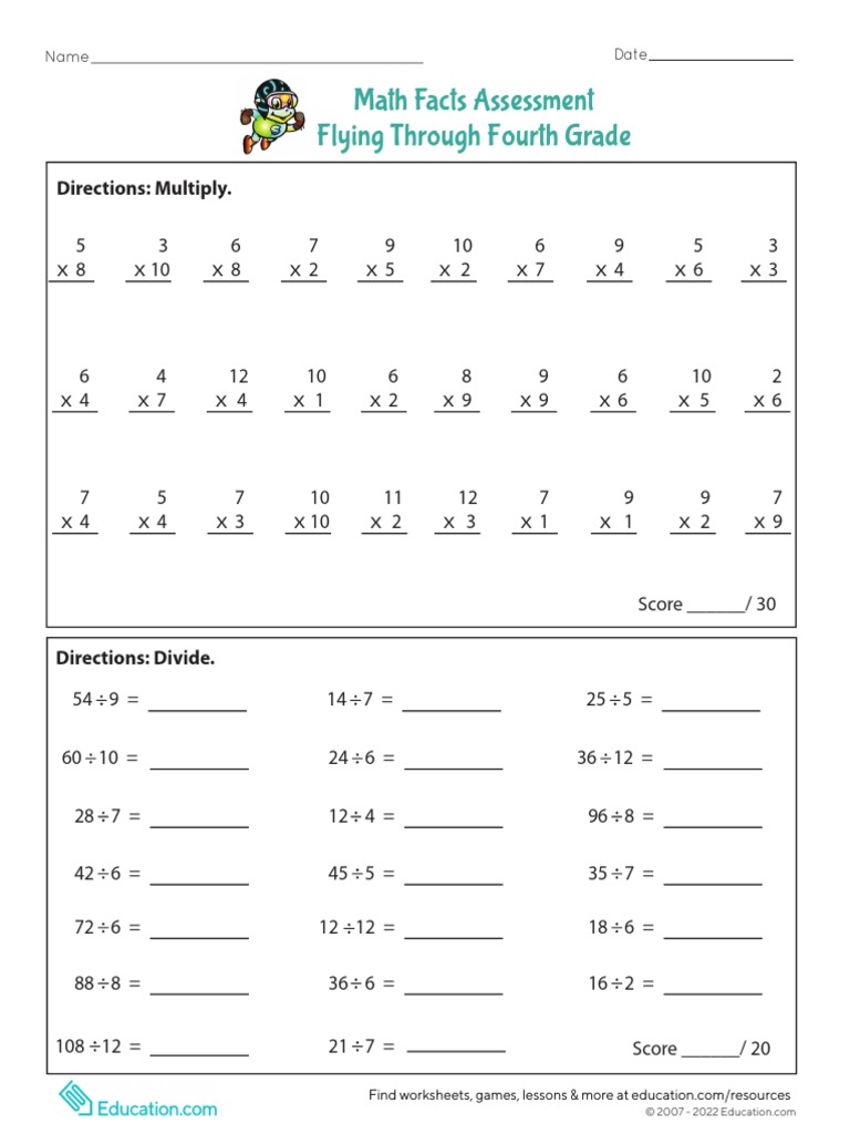 Math Facts Assessment Flying Through Fourth Grade | PDF