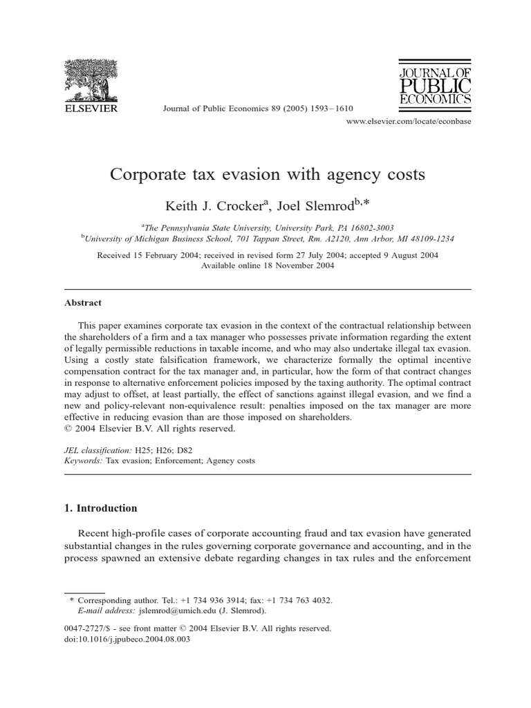 AGENCY - Crocker, K.J. and Slemrod, J., 2005. Corporate Tax Evasion ...