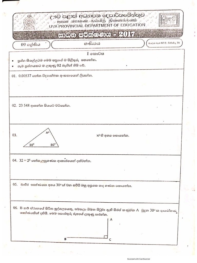2017 Grade 09 Mathematics Third Term Test Paper Uva Province | PDF