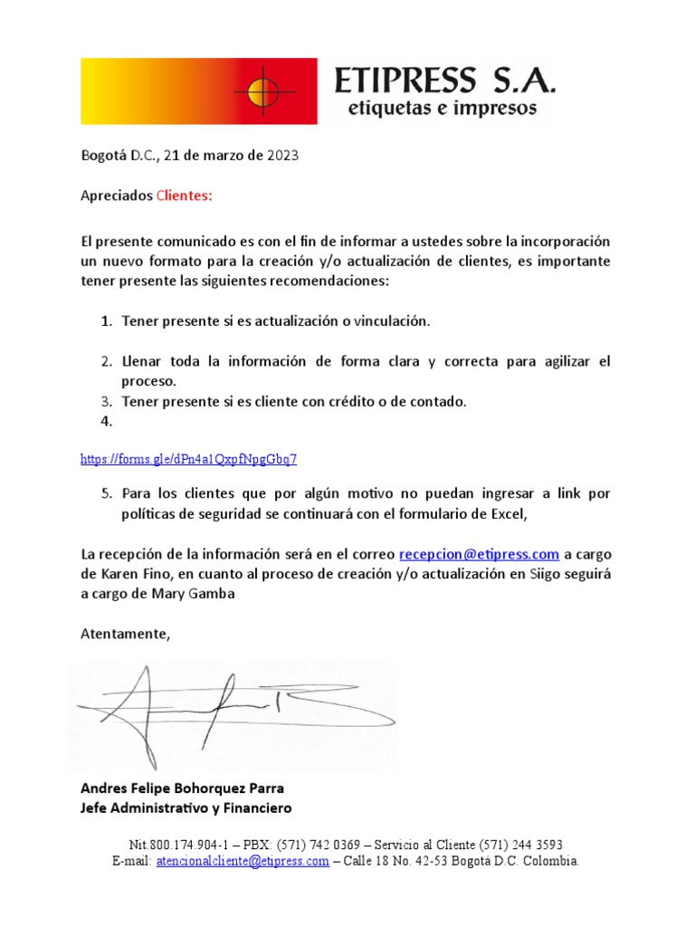 Comunicado Clientes | PDF