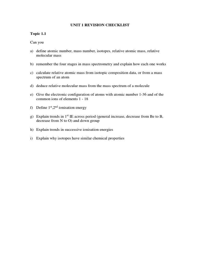 Checklist - Unit 1 AQA Chemistry A-Level | PDF | Chemical Bond ...