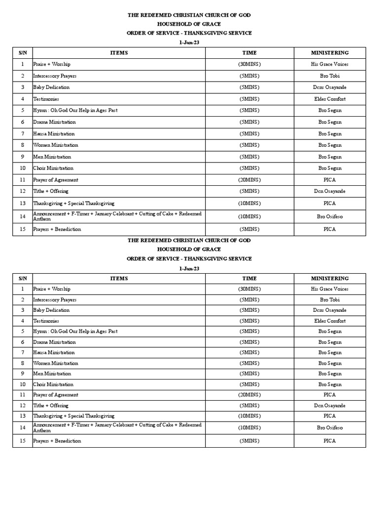 RCCG Sunday Thanksgiving Service Order | PDF | Hymns | Prayer