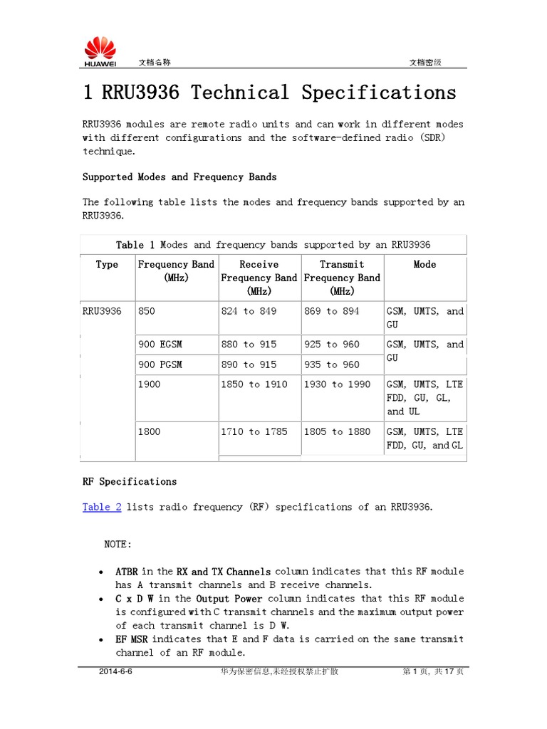 RRU3936 Technical Specifications | PDF | Lte (Telecommunication) | Gsm