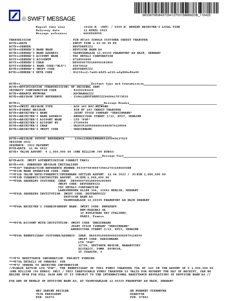 1,000,000.00 - MT103 - 81239ce2 7a66 40f5 A215 A9g584e86z09 | PDF ...