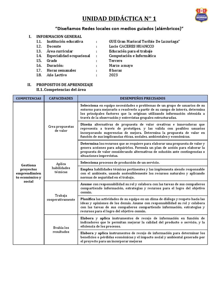 Unidad Didactica #1 - 3° Grado - Lucio Caceres Huancco | PDF | Aprendizaje | Iniciativa empresarial
