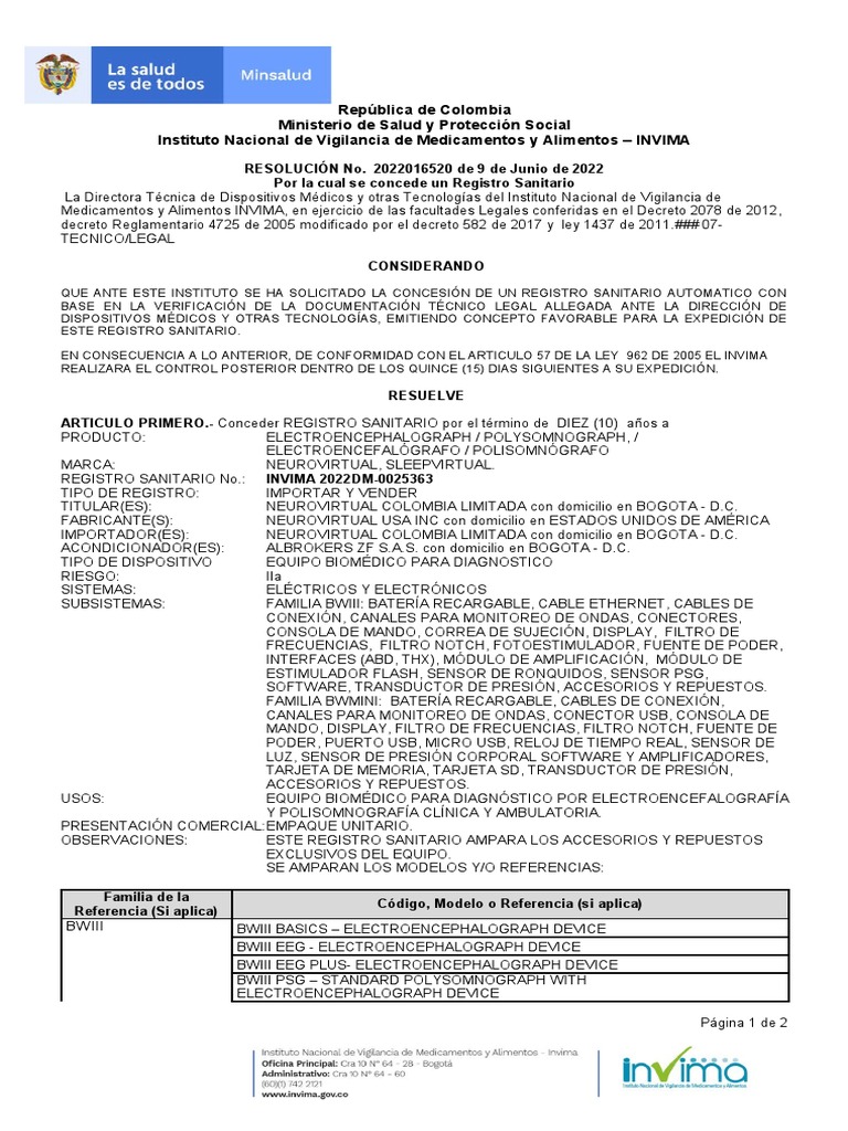 Registro Sanitario INVIMA Neurovirtual | PDF | Ingeniería Informática ...