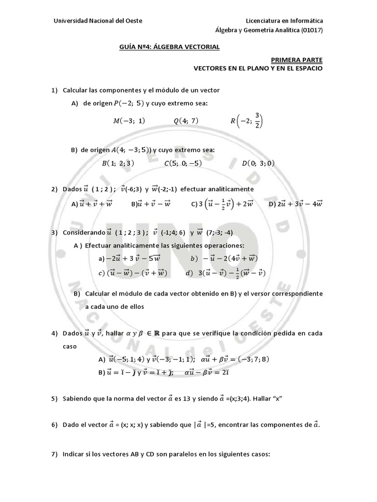 Guía 4 - Algebra Vectorial - Parte I | PDF | Vector Euclidiano | Matemáticas