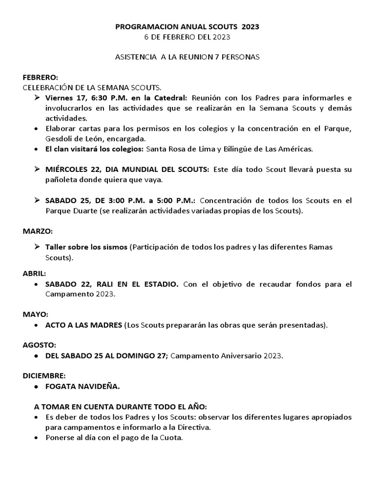 FEBRERO 2023 PROGRAMA ANUAL Grupo Scout 88 | PDF | Exploración ...