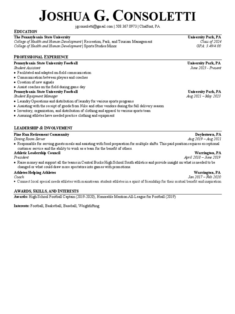 Josh Consoletti Resume | PDF | Sports