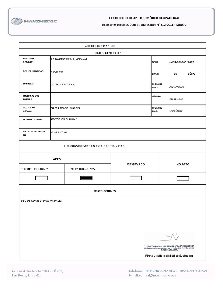 Examenes Medicos Ocupacionales (RM #312-2011 - MINSA) : Certificado de ...