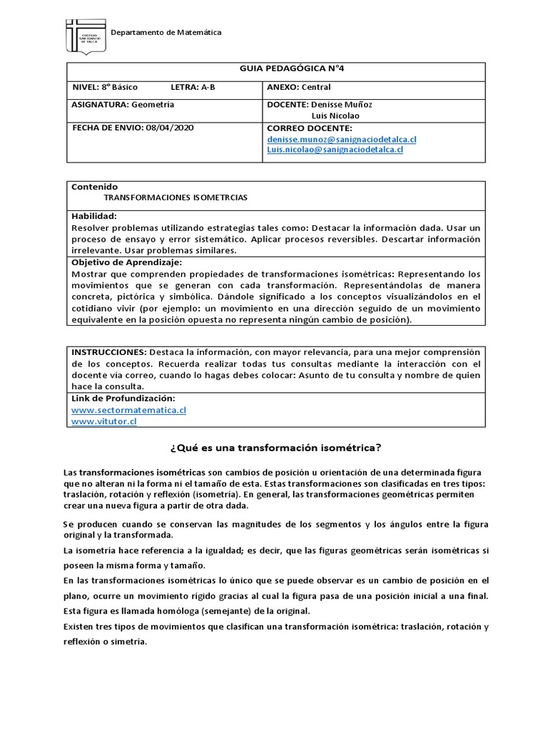 Guía N°4 Transformaciones Isométricas Geometría 8° Básico A y B | PDF ...
