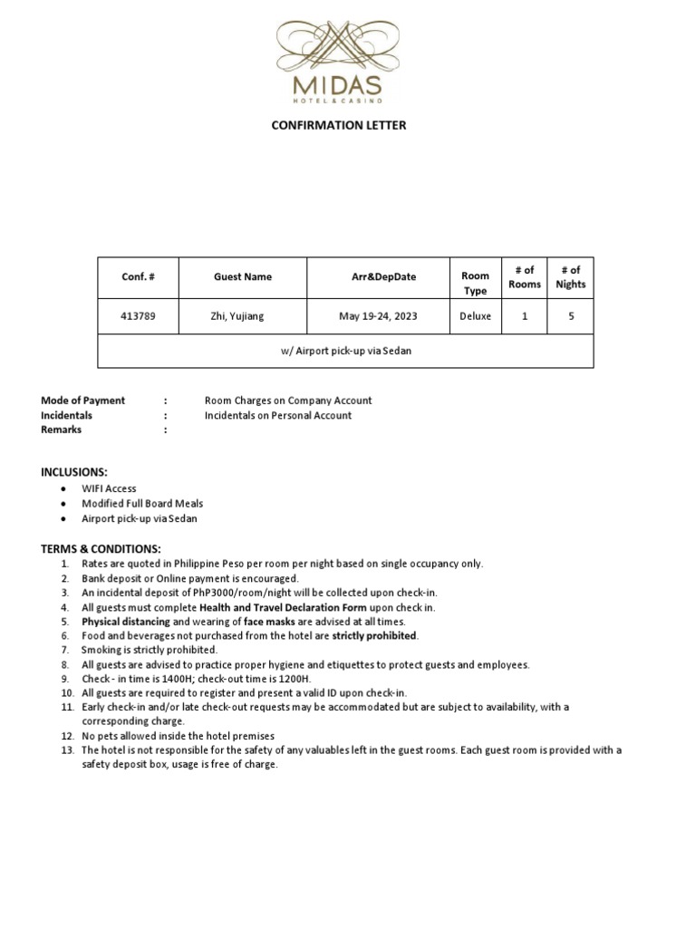 Midas Confirmation Letter | PDF