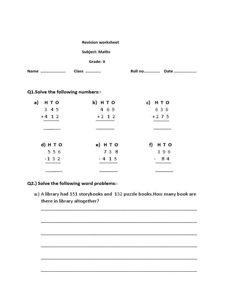 CBSE Class 2 Maths Practice Worksheets (129) - Revision | PDF