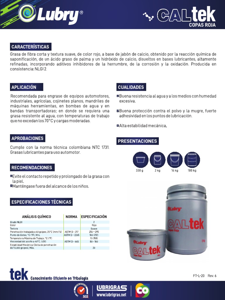 Ficha-Tecnica-GRASA LUBRICANTE LUBRIGAS-Copas-Roja | PDF
