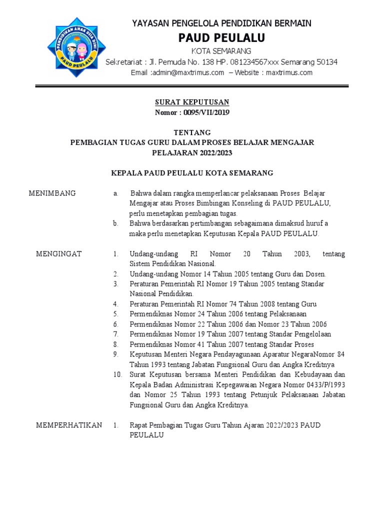 SK PEMBAGIAN TUGAS MENGAJAR GURU PAUD TK KB 2019 (1) | PDF