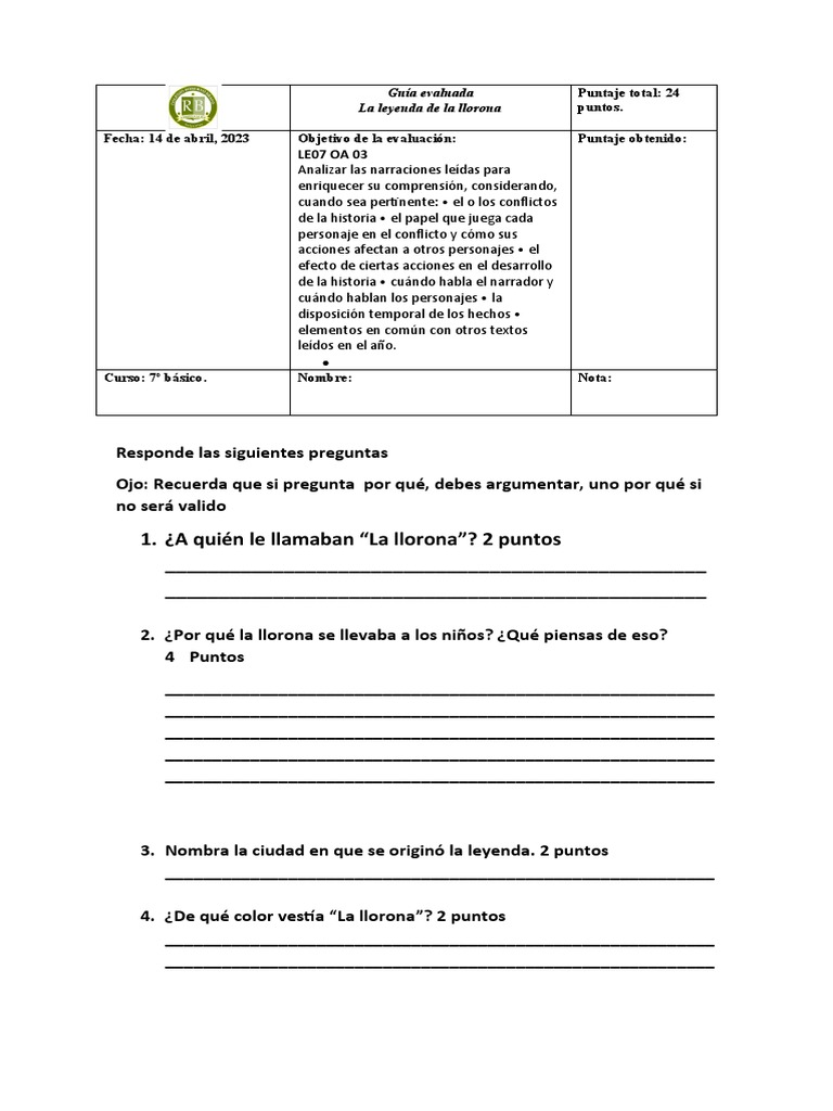 Guía Evaluada La Llorona | PDF