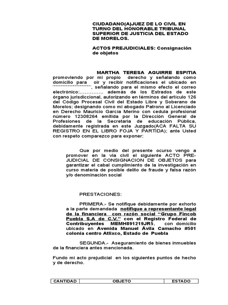 Acto Prejudicial: Consignación de Bienes | PDF | Justicia | Crimen y ...