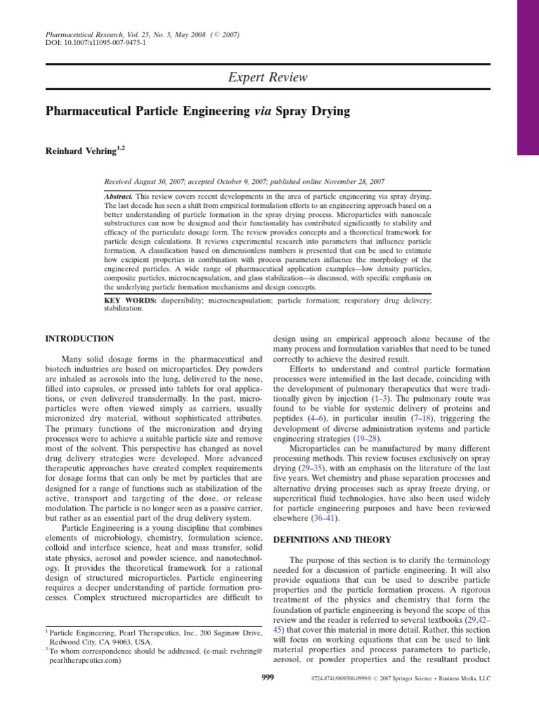 Pharmaceutical Particle Engineering Via Spray Drying | PDF | Colloid ...