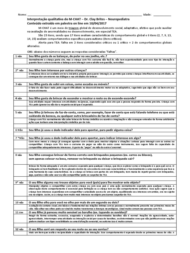 Interpretação M-CHAT | PDF | Espectro do autismo | Brinquedos