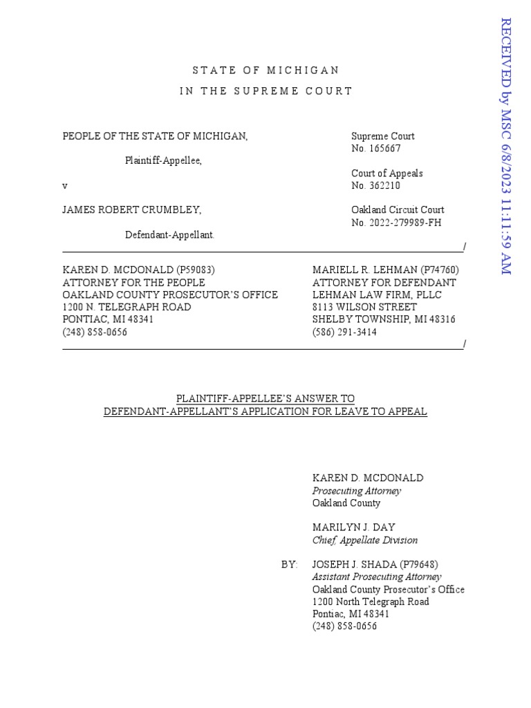 Michigan Supreme Court Filing | PDF | Hearsay | Appeal
