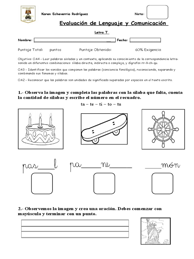 Evaluacion Letra T | PDF | Artes del Lenguaje y Comunicación | Estudios ...