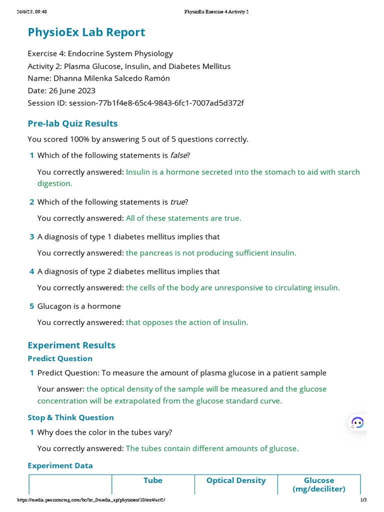 PhysioEx Exercise 4 Activity 2 | PDF | Insulin | Glucose