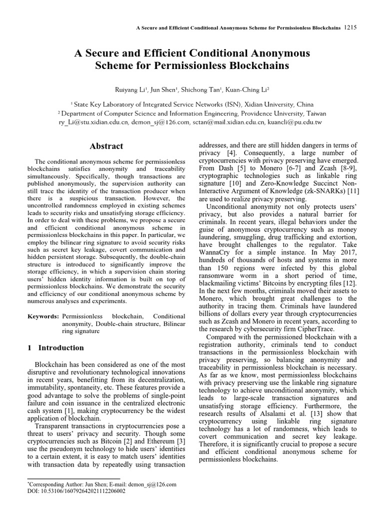 A Secure And Efficient Conditional Anonymous Scheme For Permissionless Blockchains Pdf