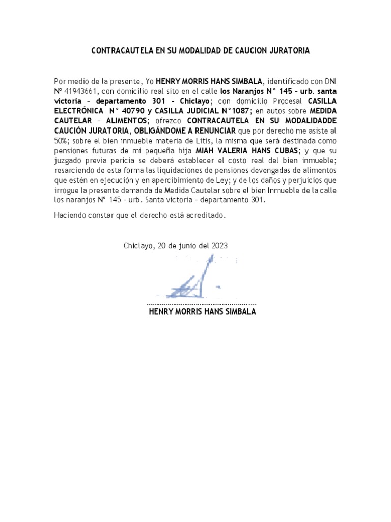 Contracautela Cautión Juratoria Alimentos | PDF
