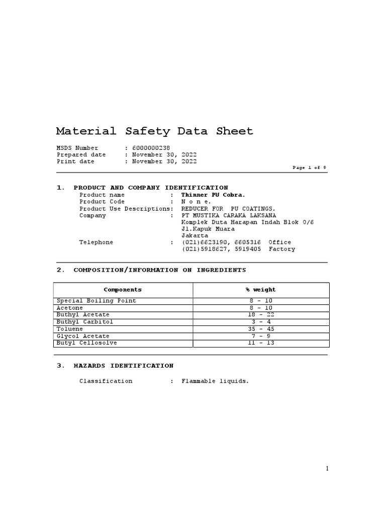 MSDS PU THINER Cobra | PDF | Fires | Materials