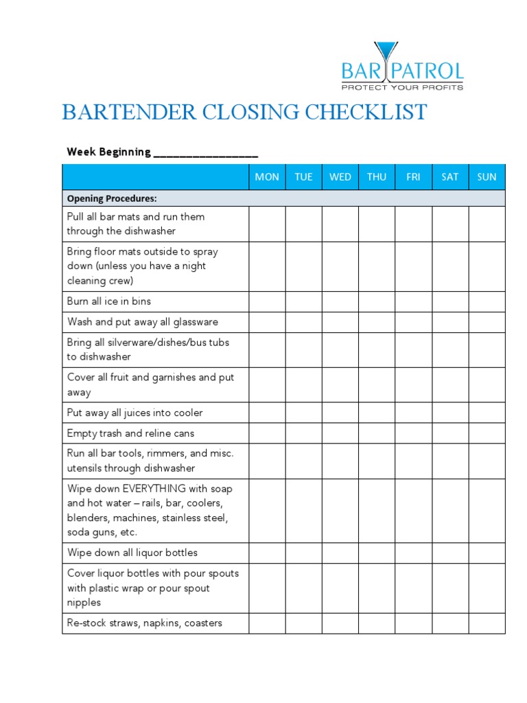 BP Bartender Closing Checklist | PDF