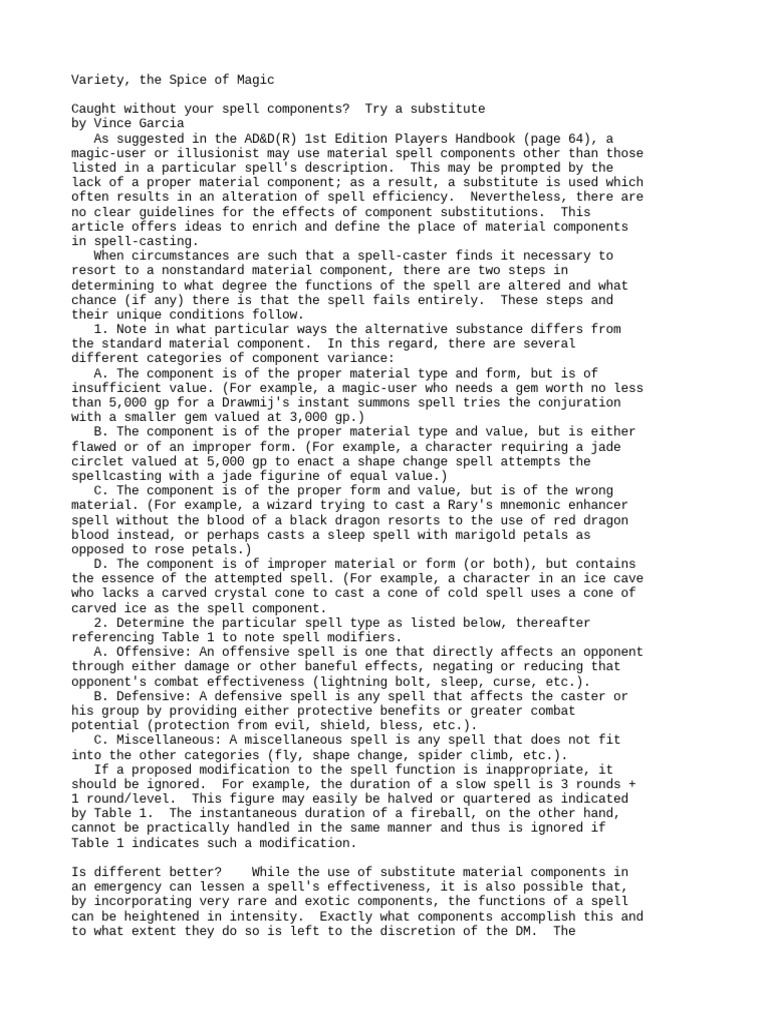AD&D Spell Component Substitutes | PDF | Teaching Methods & Materials