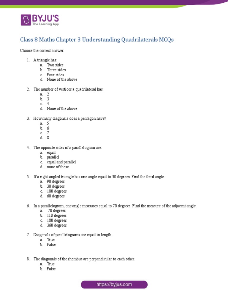 Class 8 Maths Chapter 3 Understanding Quadrilaterals MCQs PDF | PDF