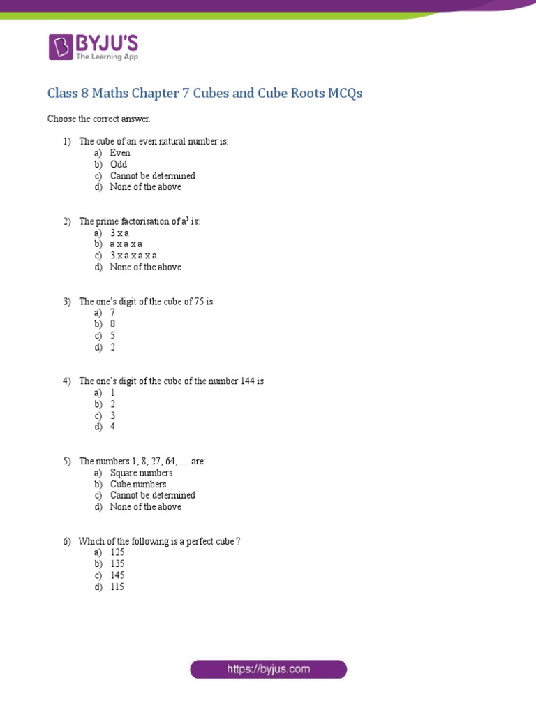Class 8 Maths Chapter 7 Cubes and Cube Roots MCQs | PDF