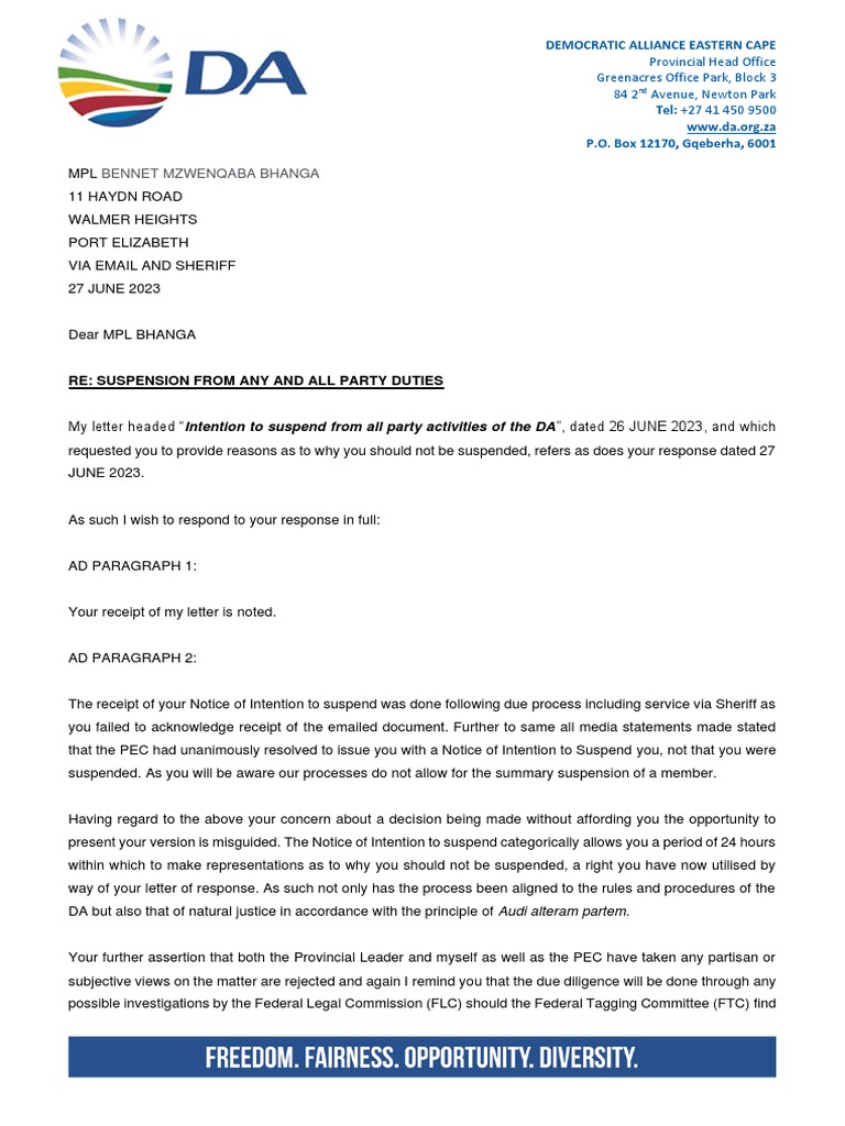 NB Suspension Letter W | PDF | Political Parties | Justice