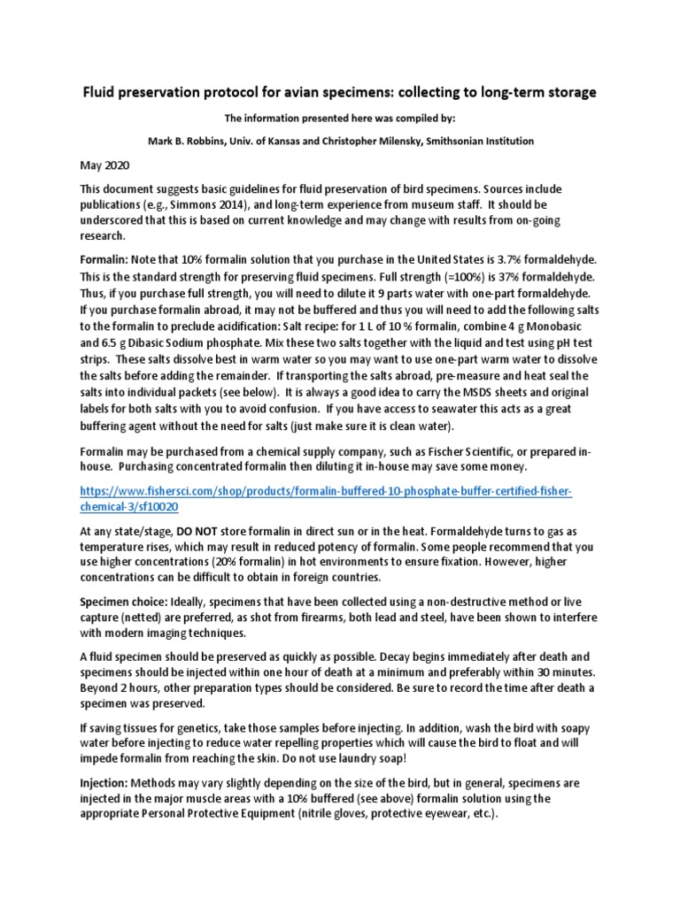 Bird Fluid Specimen Procedures | PDF | Ethanol | Formaldehyde