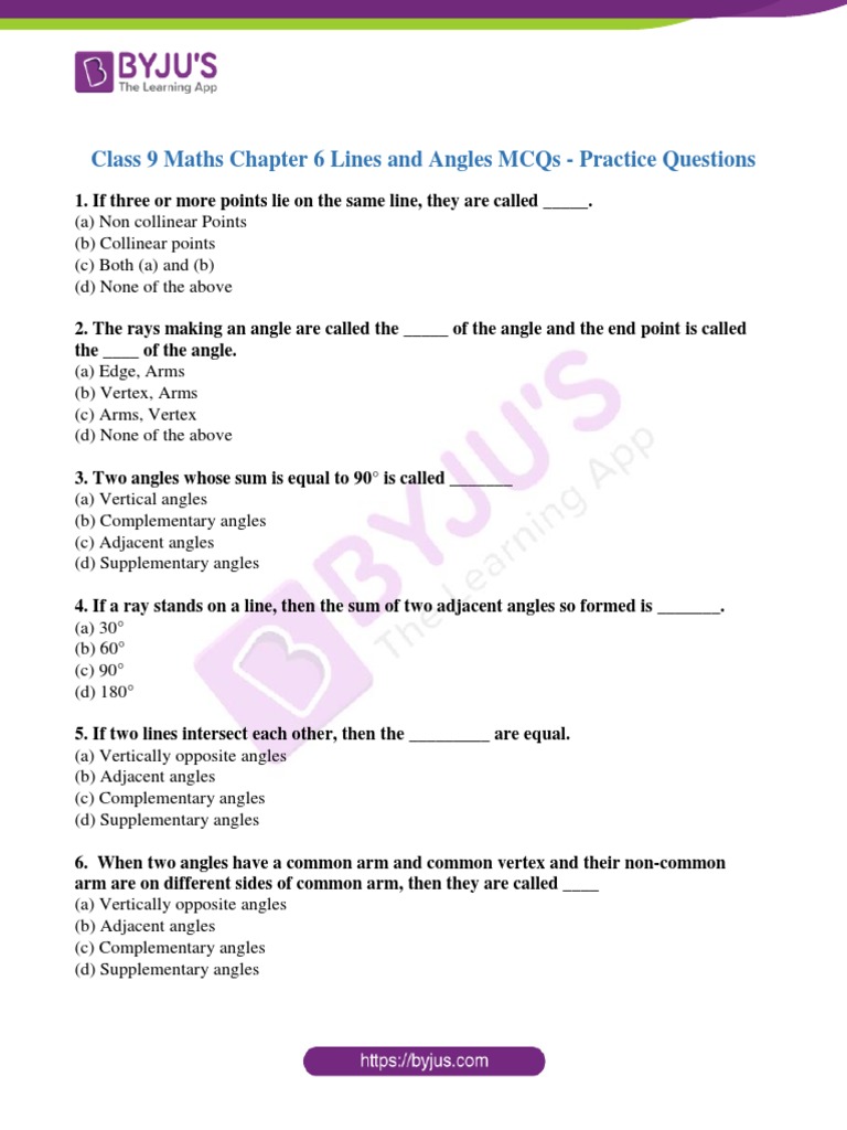 Class 9 Maths Chapter 6 Lines and Angles MCQs | PDF | Teaching Methods & Materials