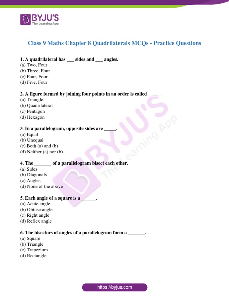 Class 9 Maths Chapter 8 Quadrilaterals MCQs | PDF | Teaching Methods & Materials | Science ...
