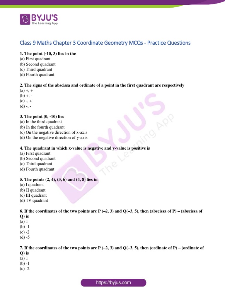 Class 9 Maths Chapter 3 Coordinate Geometry MCQs | PDF