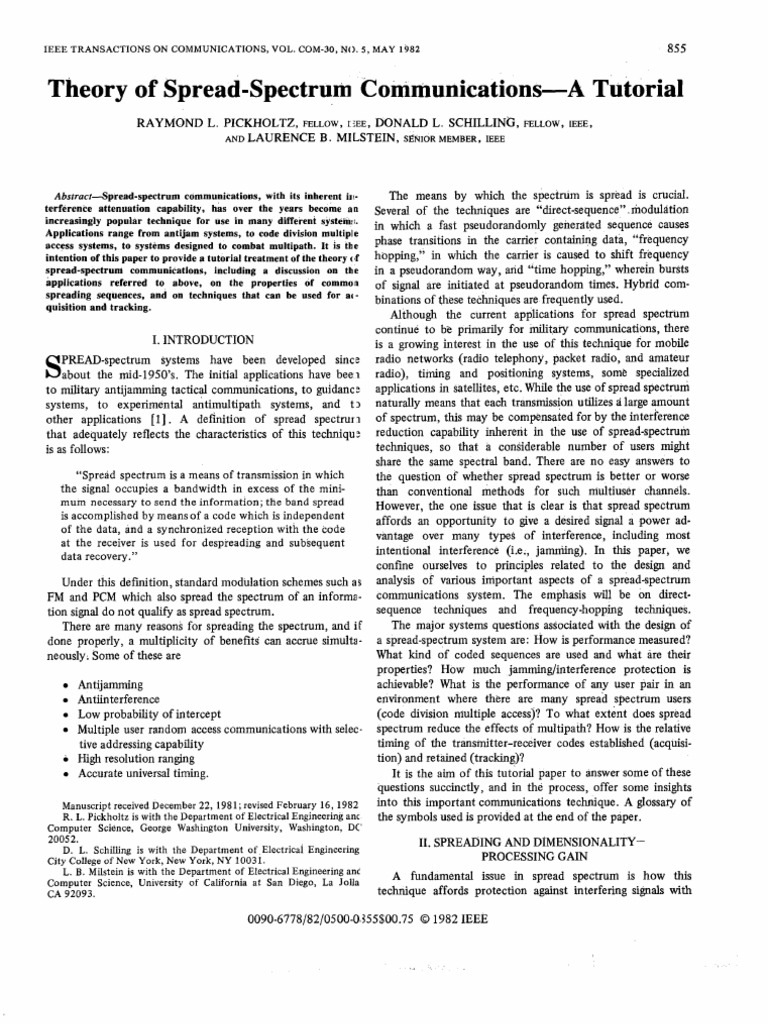 Theory of Spread-Spectrum Communications - A Tutorial - Pickholtz 1982 | PDF | Code Division ...